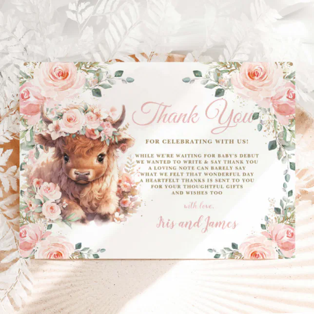 Fluffy Highland Cow Pink Blush Floral Baby Shower Thank You Card | Zazzle