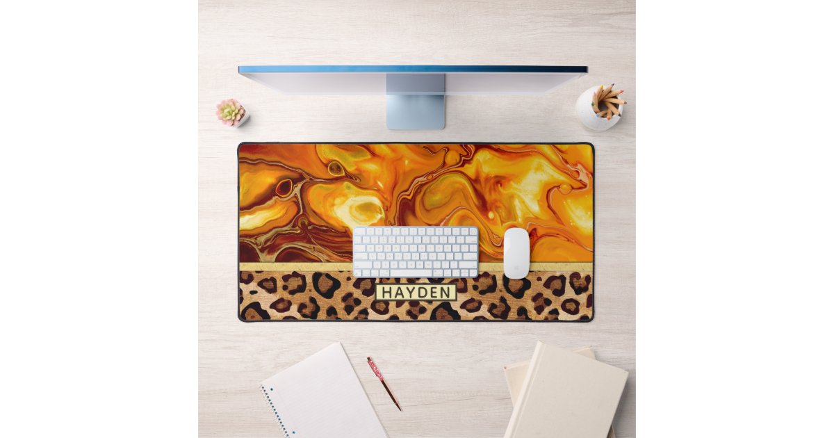Fluid Art Pour Personalized Leopard Print Desk Mat | Zazzle
