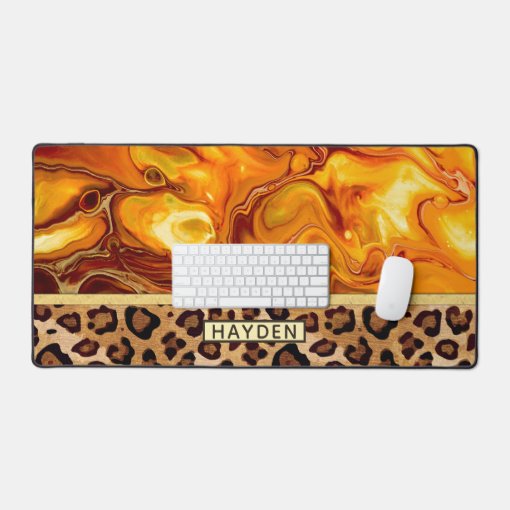 Fluid Art Pour Personalized Leopard Print Desk Mat | Zazzle