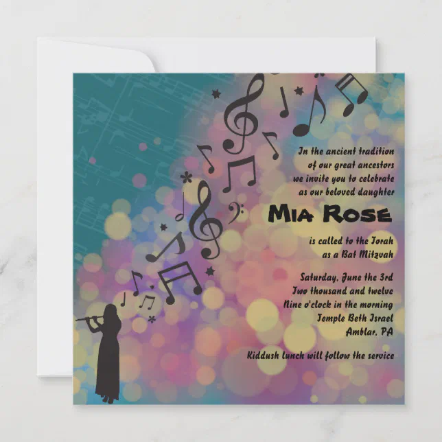 Flute Player Bat Bar Mitzvah Invitation | Zazzle
