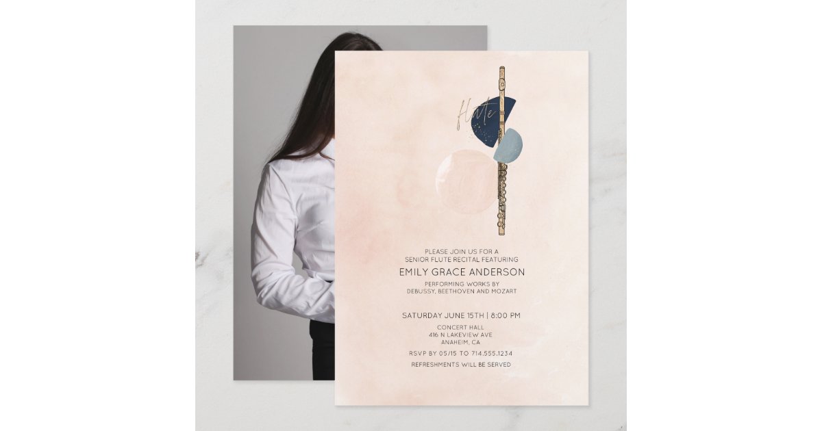 Flute Recital Abstract Blush Pink & Blue Photo Invitation | Zazzle