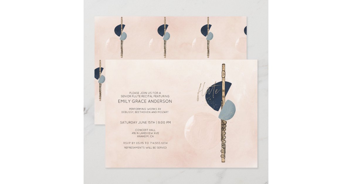 Flute Recital Abstract Blush Pink & Navy Blue Gold Invitation | Zazzle