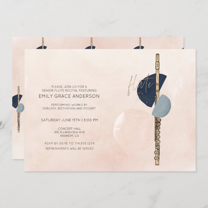 Flute Recital Abstract Blush Pink & Navy Blue Gold Invitation | Zazzle.com