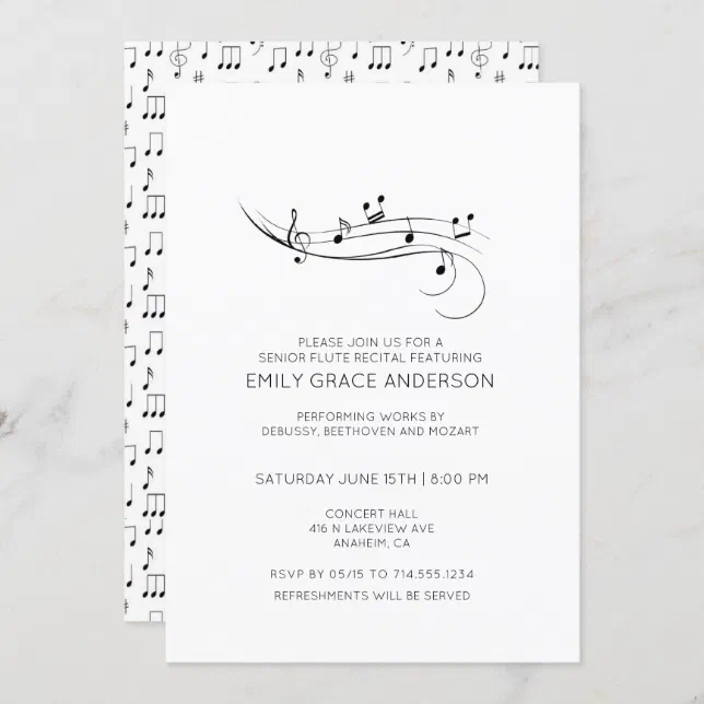 Flute Recital Musical Notes Black & White Invitation | Zazzle