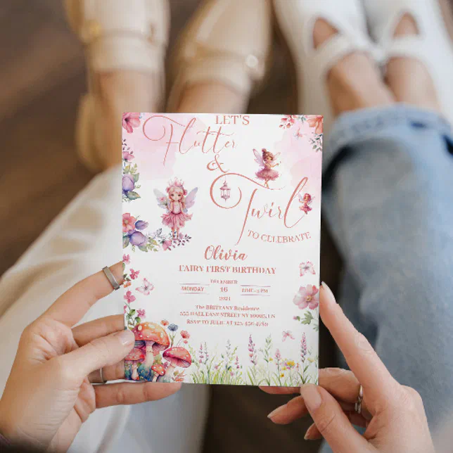 flutter and twirl fairy first birthday invitation | Zazzle