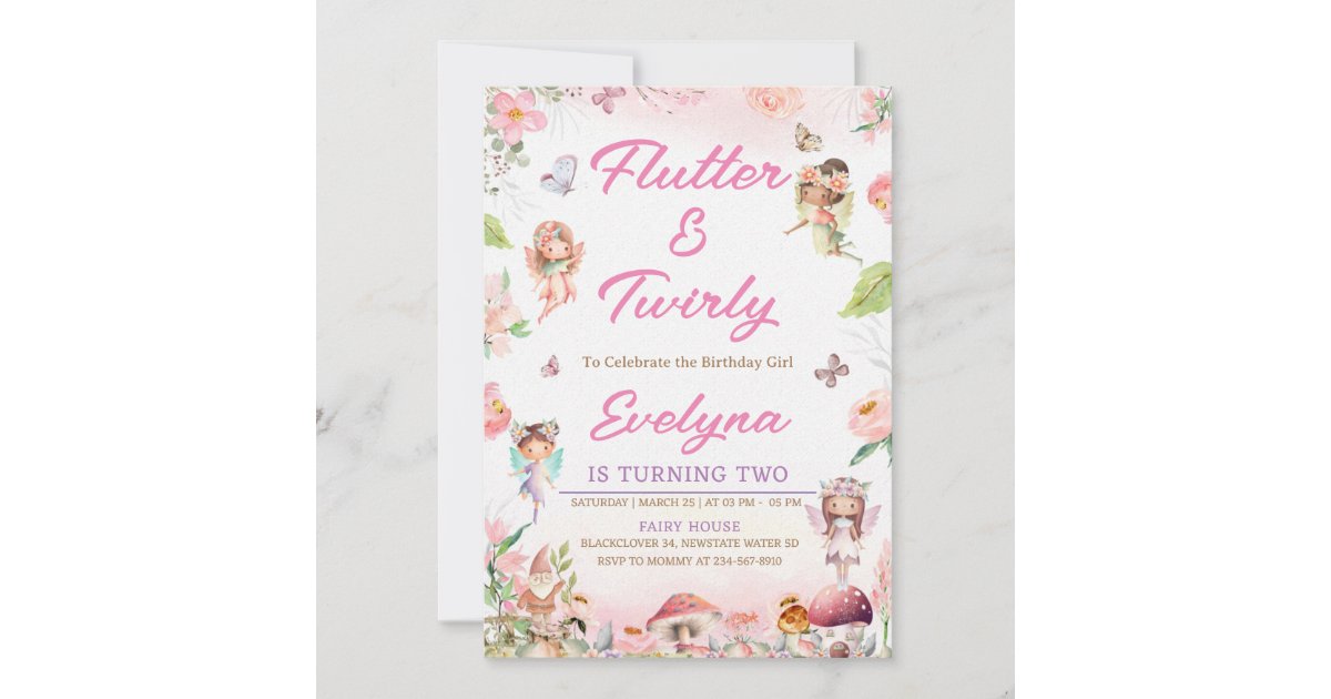 Flutter And Twirly Fairy Birthday Invitation Party | Zazzle