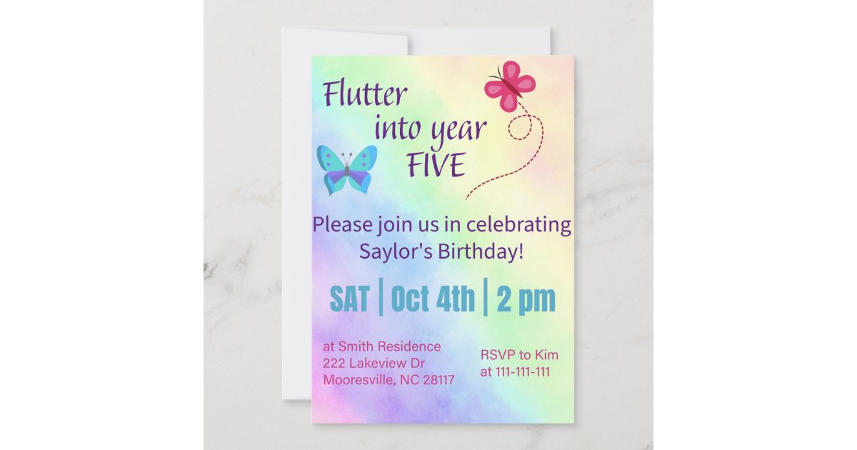 flutter into year five-birthday invitation | Zazzle