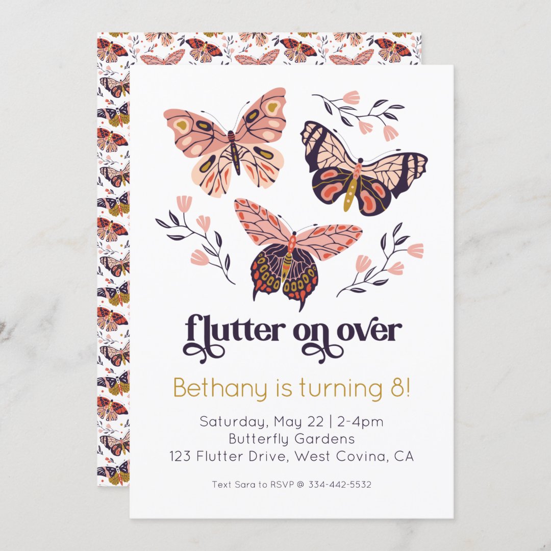 Flutter On Over Butterfly Birthday Invitation | Zazzle