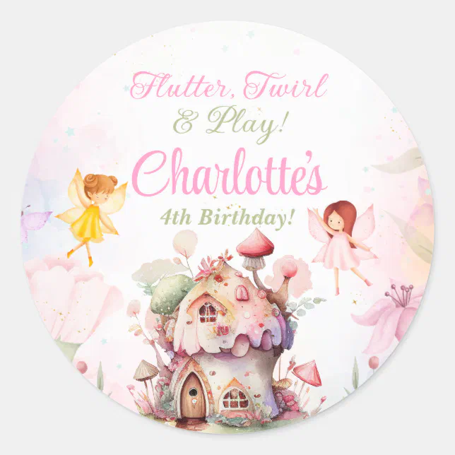 Flutter & Twirl Fairy Birthday Party Label Sticker | Zazzle