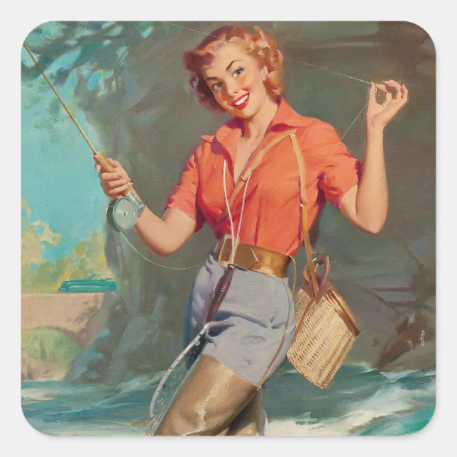 Fly Fishing Pin Up Art Square Sticker | Zazzle
