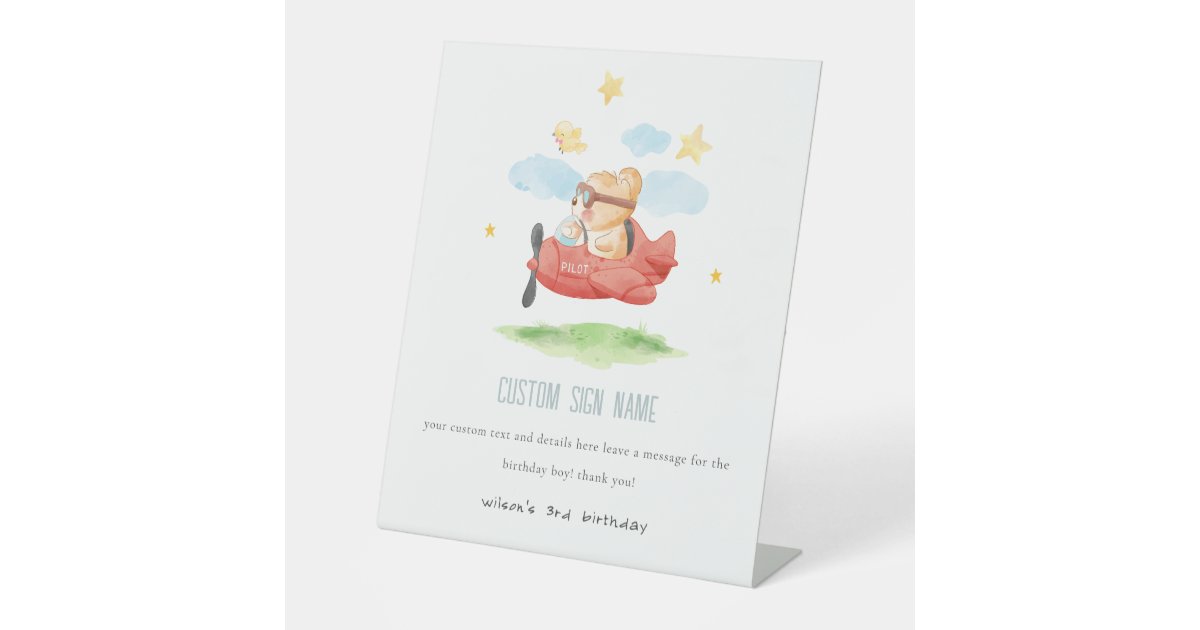 Fly Teddy Bear Animal Plane Birthday Custom Party Pedestal Sign | Zazzle