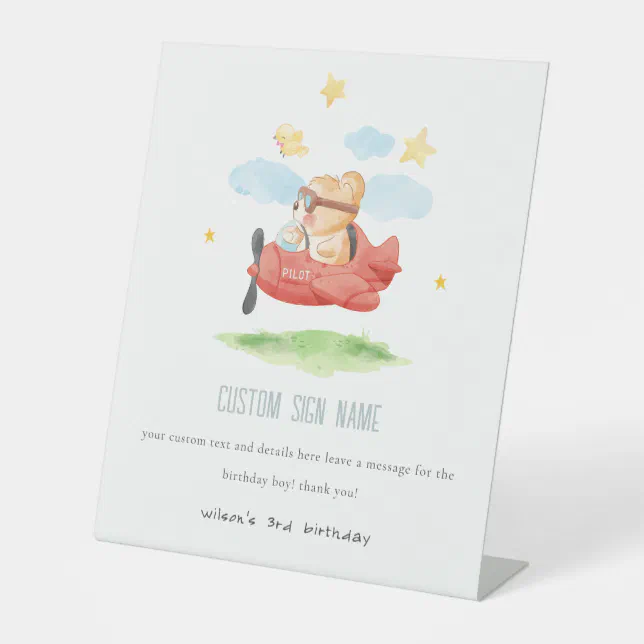 Fly Teddy Bear Animal Plane Birthday Custom Party Pedestal Sign | Zazzle