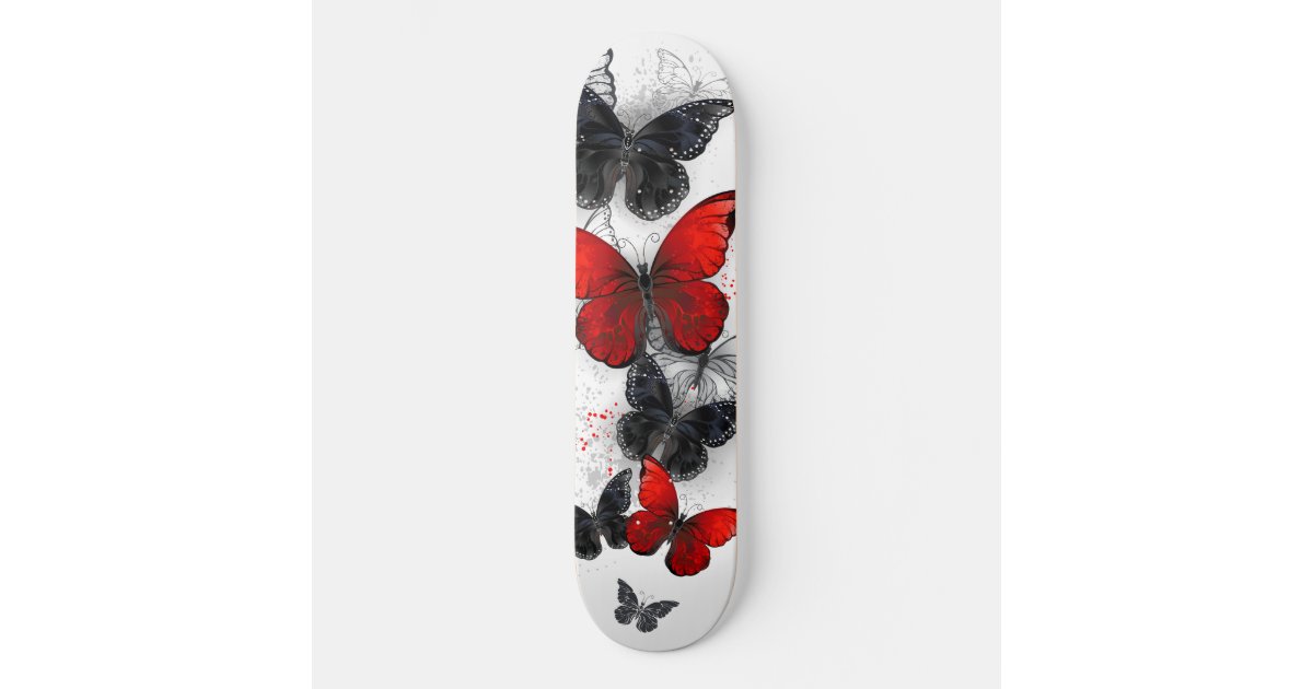 Flying Black and Red Morpho Butterflies Skateboard | Zazzle