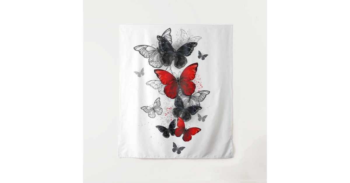 Flying Black and Red Morpho Butterflies Tapestry | Zazzle
