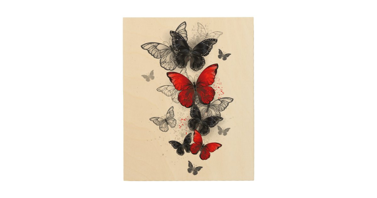 Flying Black and Red Morpho Butterflies Wood Wall Art | Zazzle