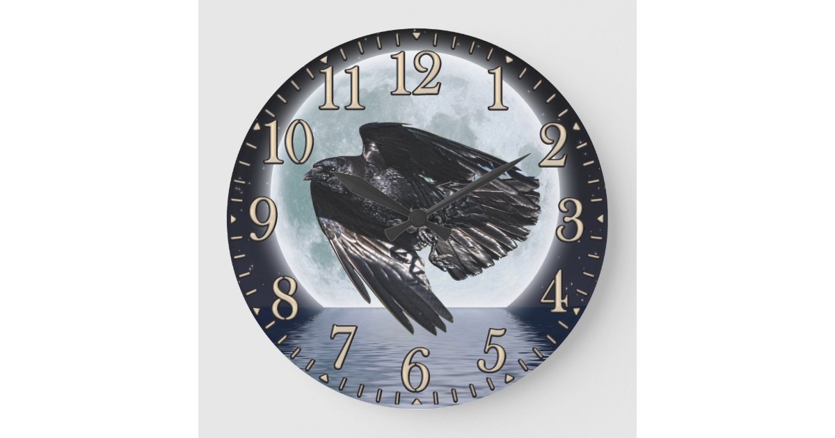 Flying Black Raven & Full Moon Large Clock | Zazzle