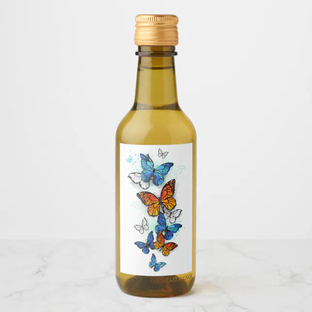 Flying Butterflies Morpho and Monarch Wine Label | Zazzle
