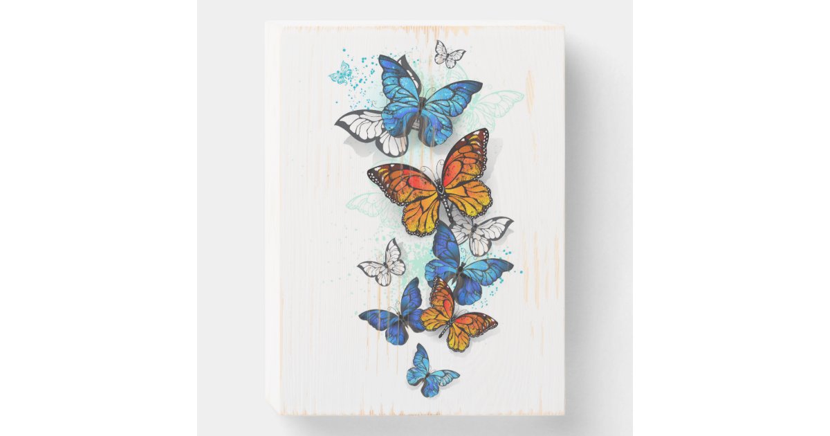 Flying Butterflies Morpho and Monarch Wooden Box Sign | Zazzle