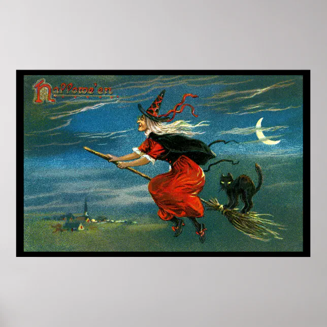 Flying Halloween Witch with Cat Poster | Zazzle