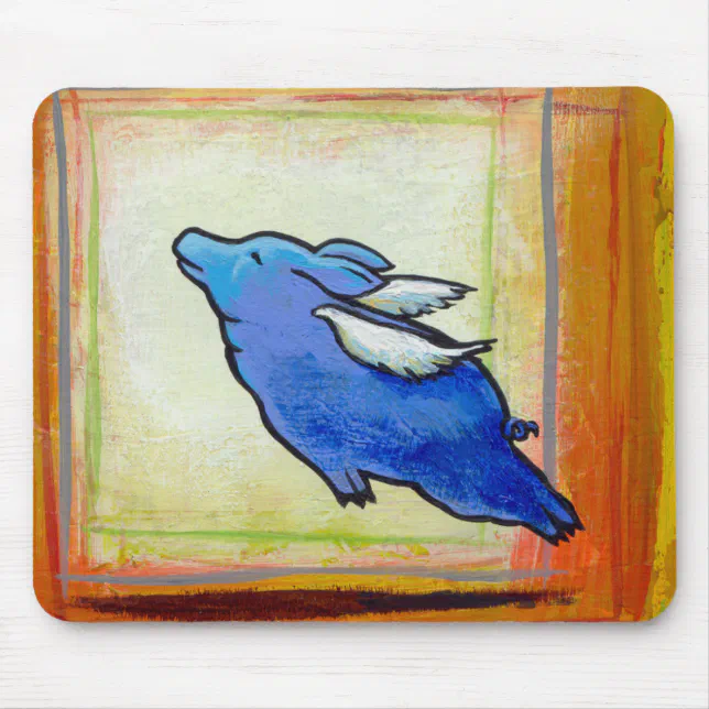 Flying pig little blue angel piggy art painting mouse pad | Zazzle