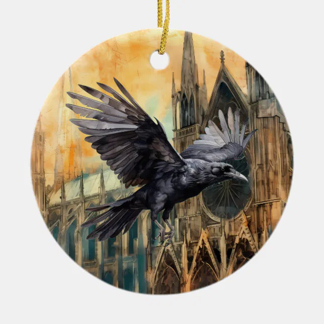Flying Raven and Medieval Gothic Cathedral Ceramic Ornament | Zazzle
