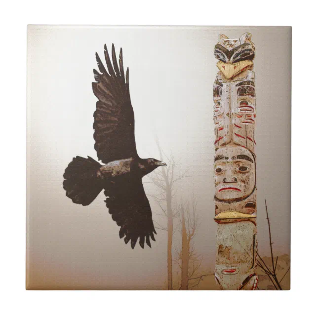 Flying Raven & Totem-Pole Fantasy Art Ceramic Tile | Zazzle