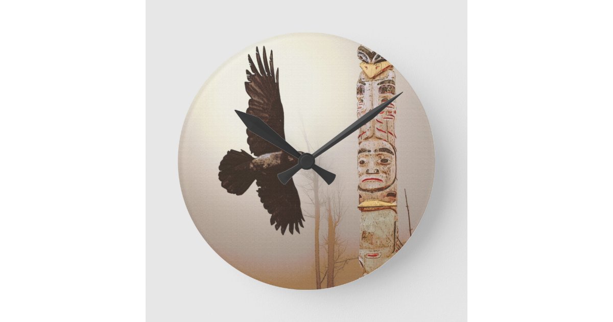 Flying Raven & Totem-Pole Fantasy Art Round Clock | Zazzle