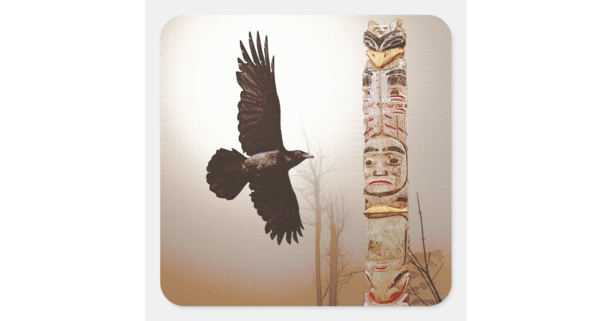 Flying Raven & Totem-Pole Fantasy Art Square Sticker | Zazzle