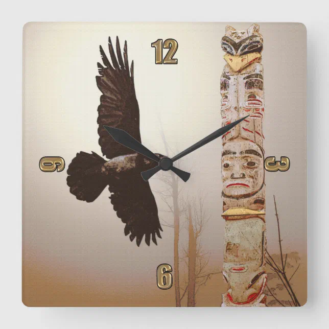 Flying Raven & Totem-Pole Fantasy Art Square Wall Clock | Zazzle