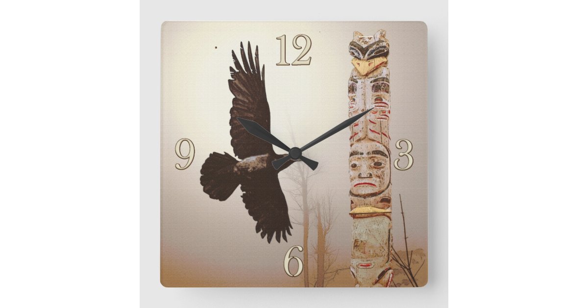 Flying Raven & Totem-Pole Fantasy Art Square Wall Clock | Zazzle