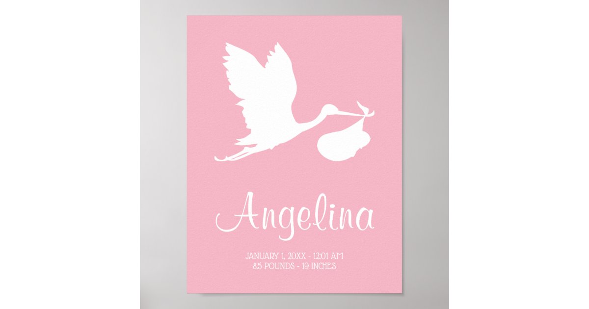 Flying Stork with Baby Bundle Nursery Art Pink Poster | Zazzle