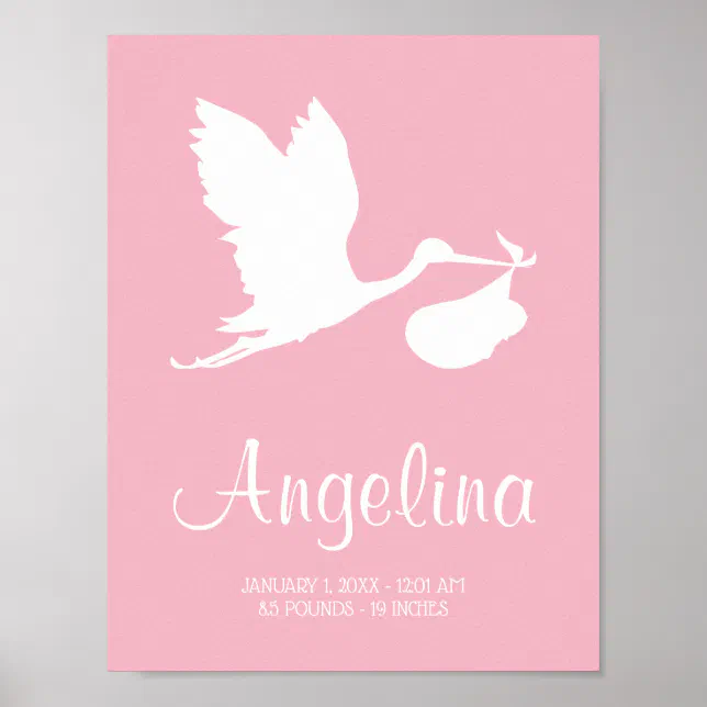 Flying Stork with Baby Bundle Nursery Art Pink Poster | Zazzle
