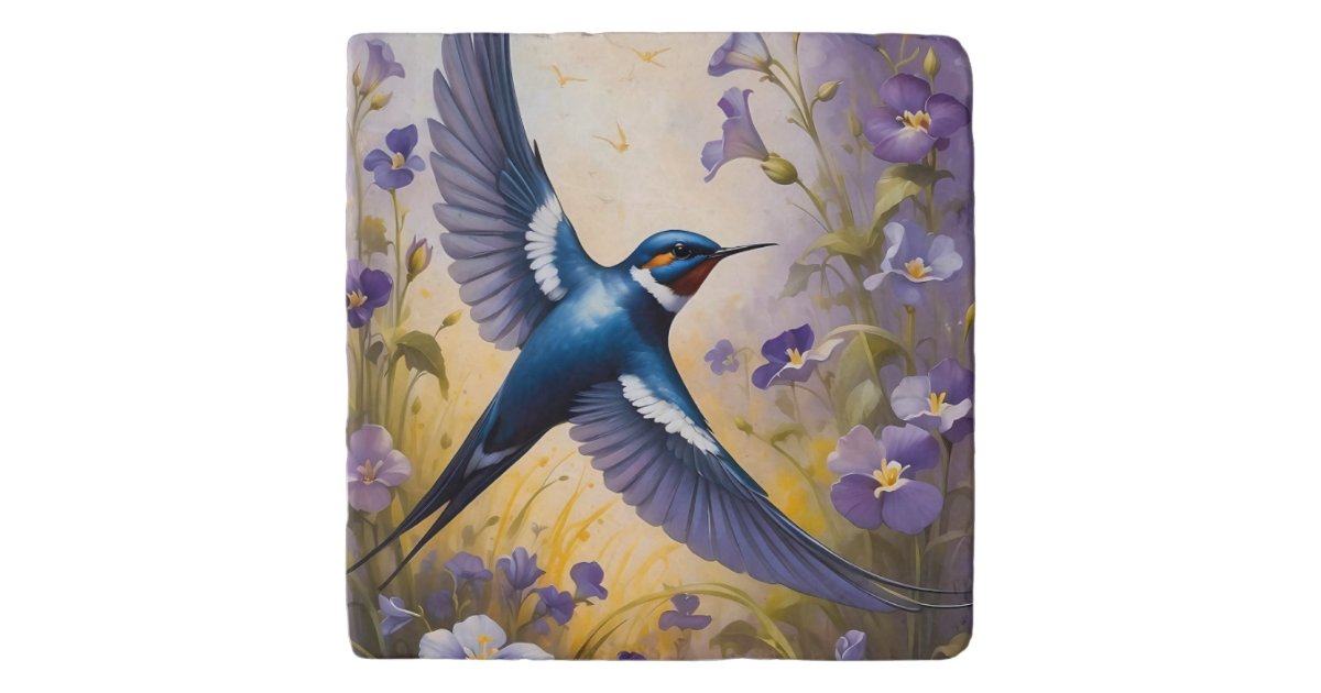 Flying Swallow Field of Violet Flowers Trivet | Zazzle