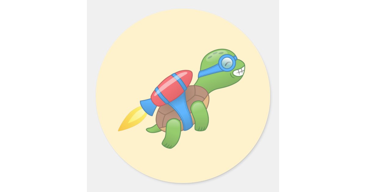 Flying Turtle with a Red Jetpack Yellow Classic Round Sticker | Zazzle