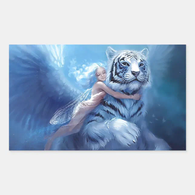 Flying White Tiger With Angel Rectangular Sticker | Zazzle