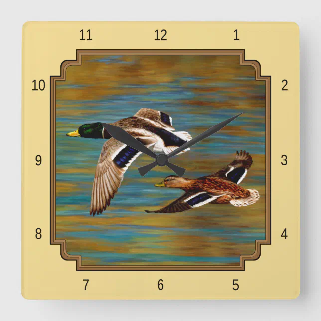 Flying Wild Ducks Yellow Square Wall Clock | Zazzle
