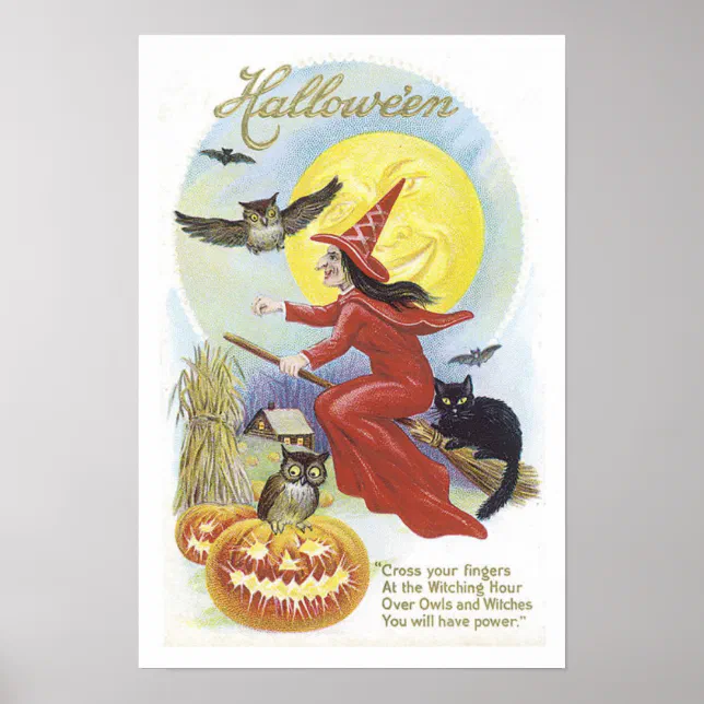 Flying Witch, Bats, Cat, Owl Moon Poster | Zazzle