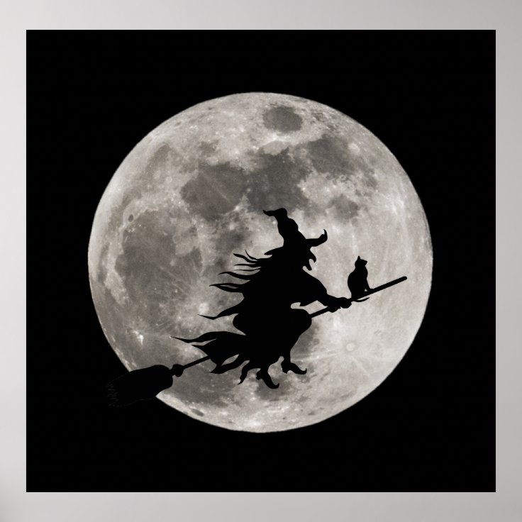 Flying witch with a bright moon behind her poster | Zazzle