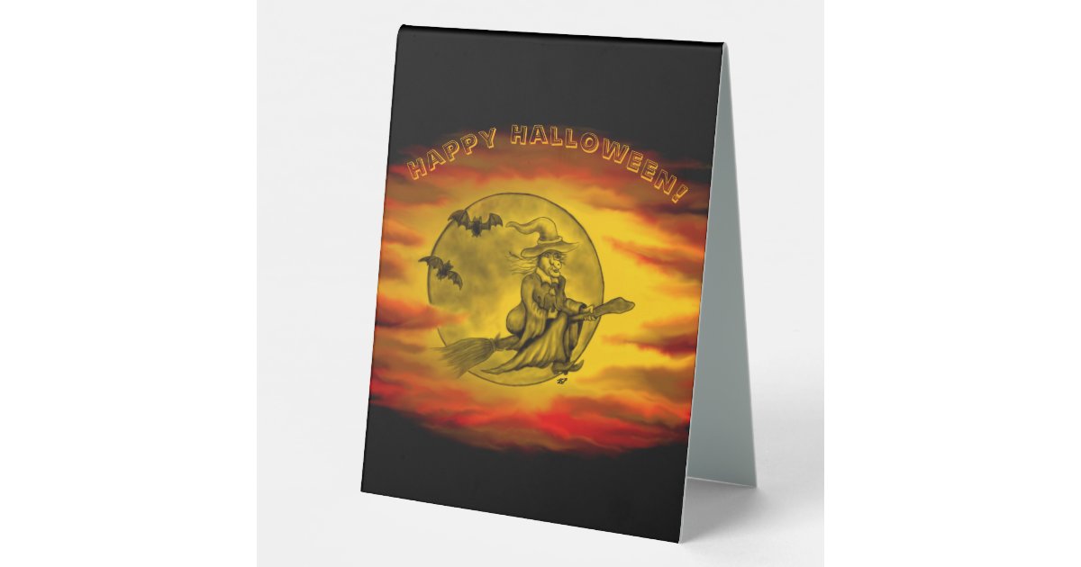 Flying witch with black cat , halloween night table tent | Zazzle
