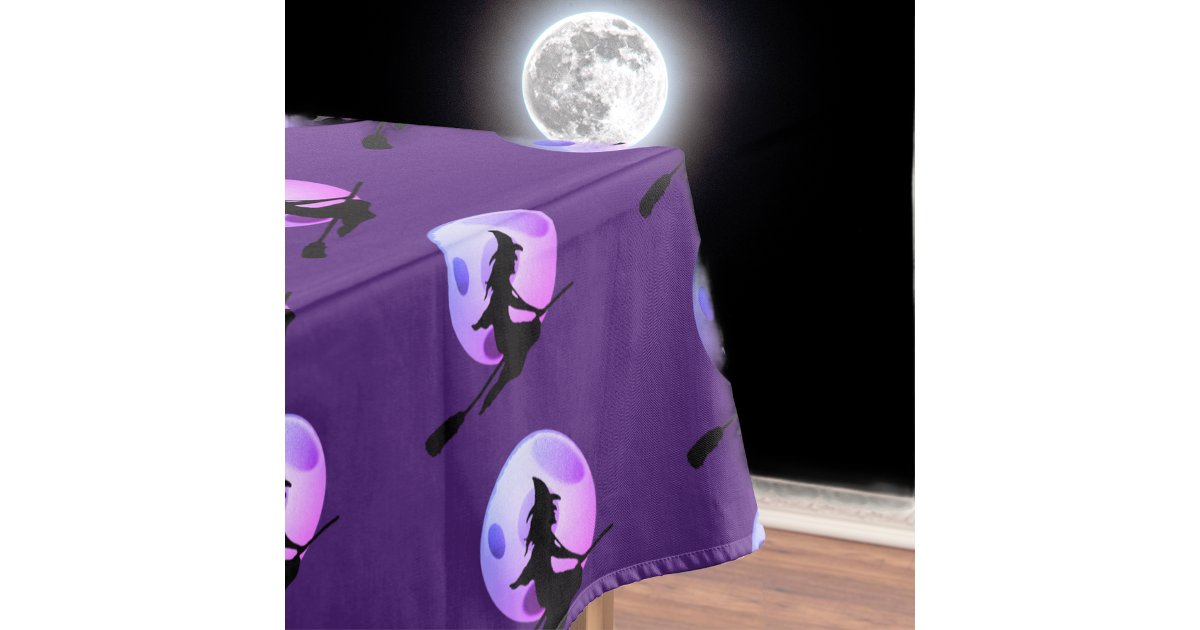 Flying Witch with full moon- purple Tablecloth | Zazzle