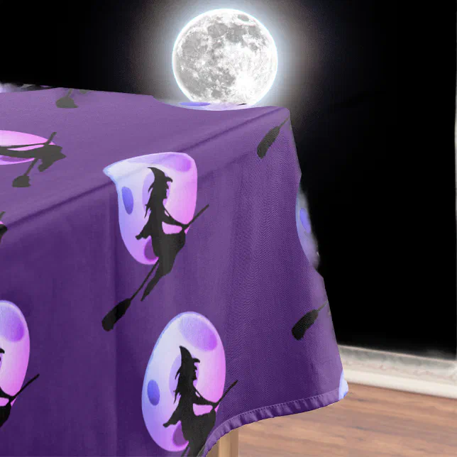 Flying Witch with full moon- purple Tablecloth | Zazzle