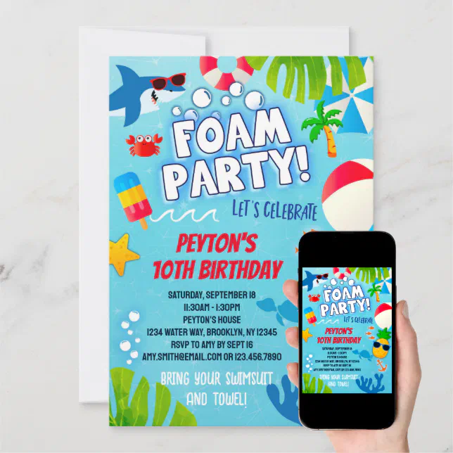 Foam Party Birthday Invitation for Boys and Girls | Zazzle