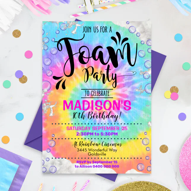 Foam Party Invitation Girl Rainbow Foam Invite | Zazzle