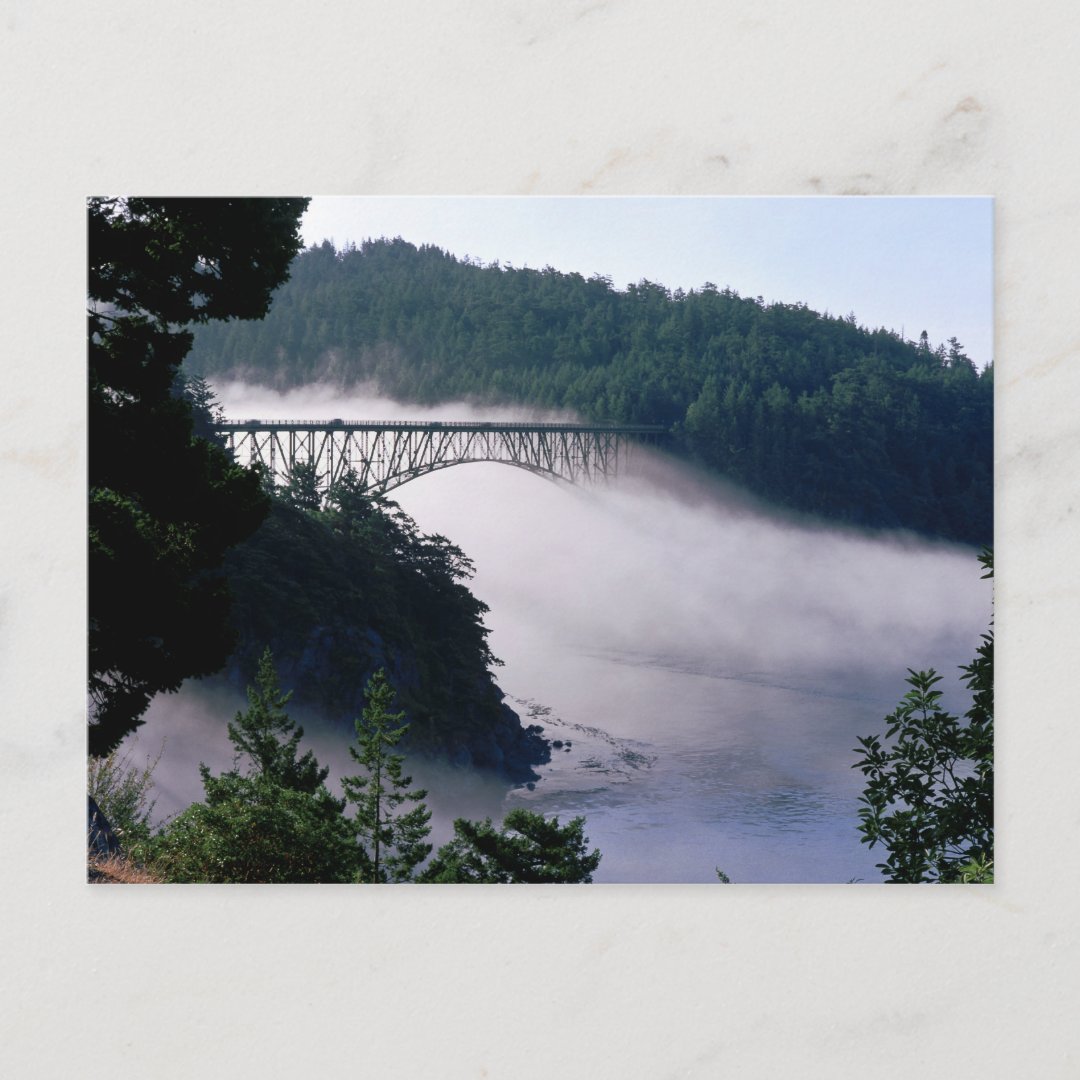 Fog drifts under the Deception Pass bridge at Postcard | Zazzle