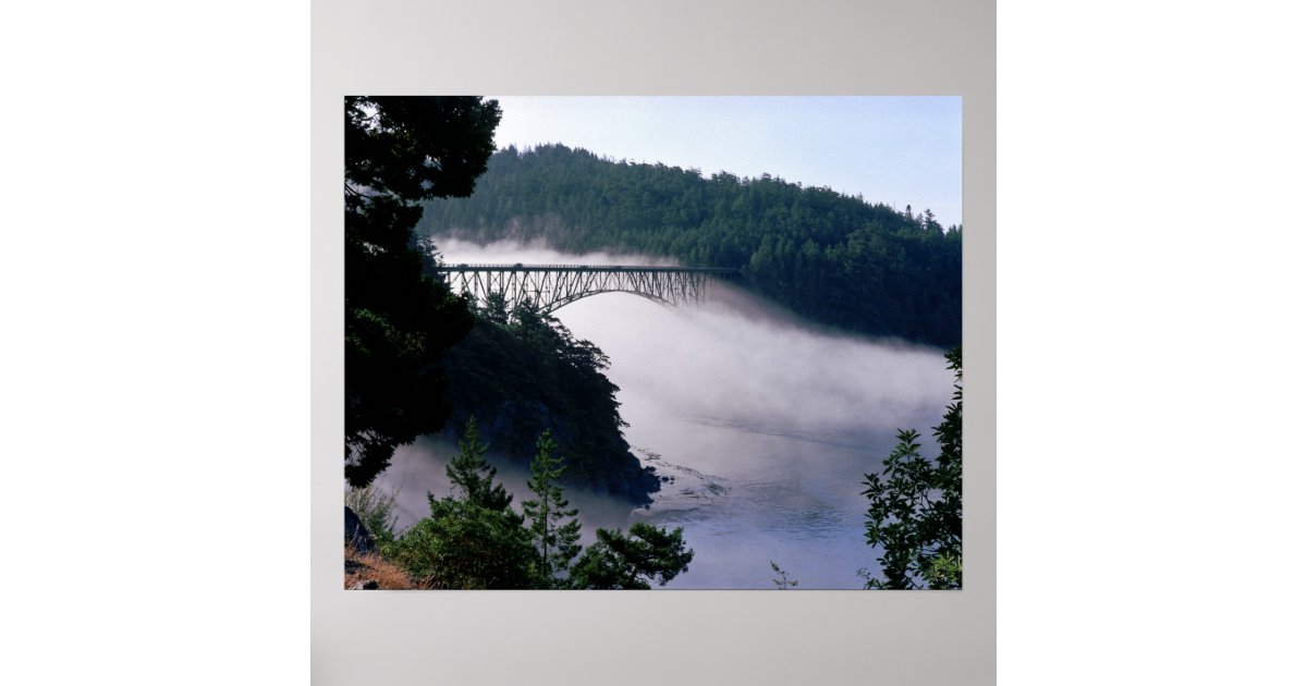 Fog drifts under the Deception Pass bridge at Poster | Zazzle