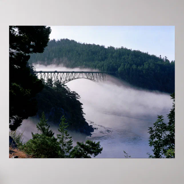 Fog drifts under the Deception Pass bridge at Poster | Zazzle