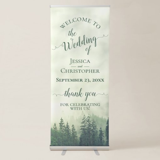 Foggy Green Pine Trees Rustic Wedding Welcome Retractable Banner | Zazzle