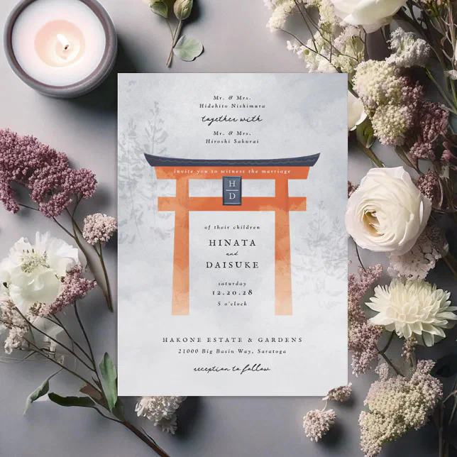 Foggy Japanese Torii Gate Romantic Wedding Invitation | Zazzle