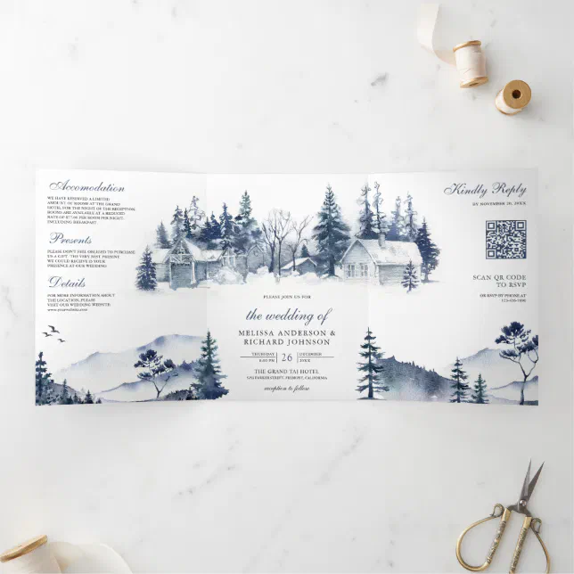 Foggy Winter Mountain Pine Forest QR Code Wedding Tri-Fold Invitation ...