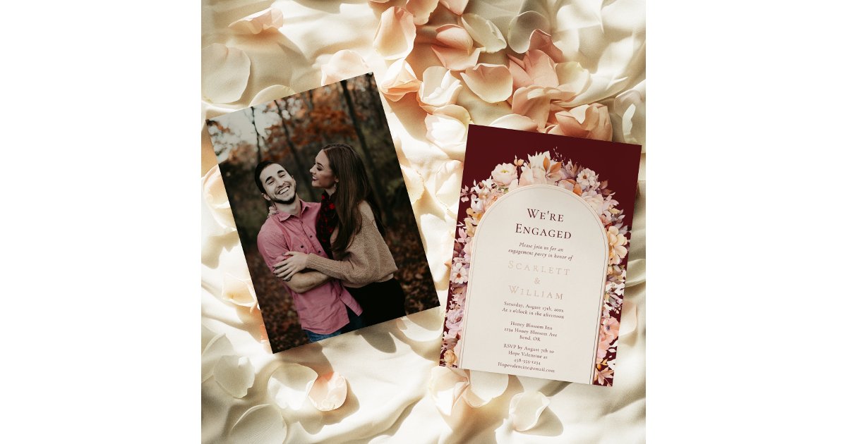 FOIL Autumn Burgundy Arch Photo We're Engaged Foil Invitation | Zazzle